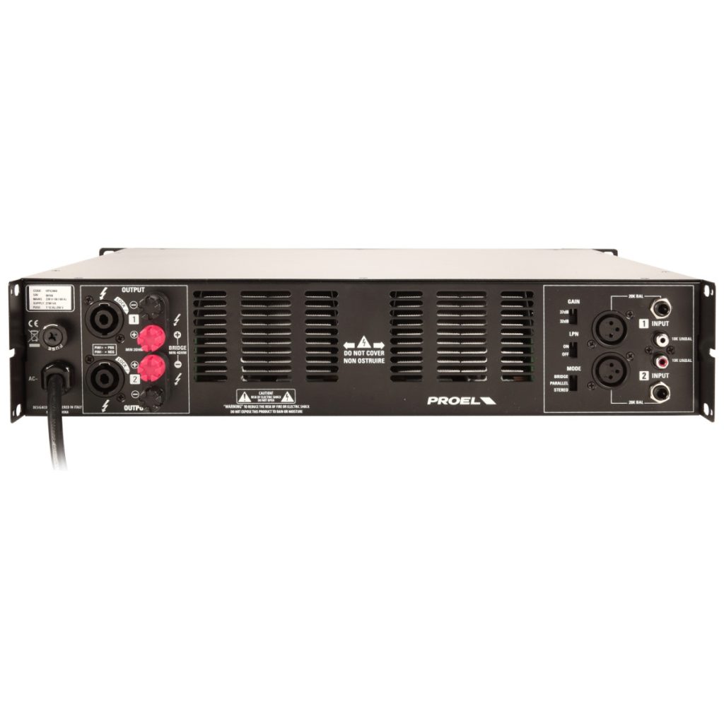 Stereo power amplifier 2 x 600 W at 2 ohm with selectable LPN filter ...