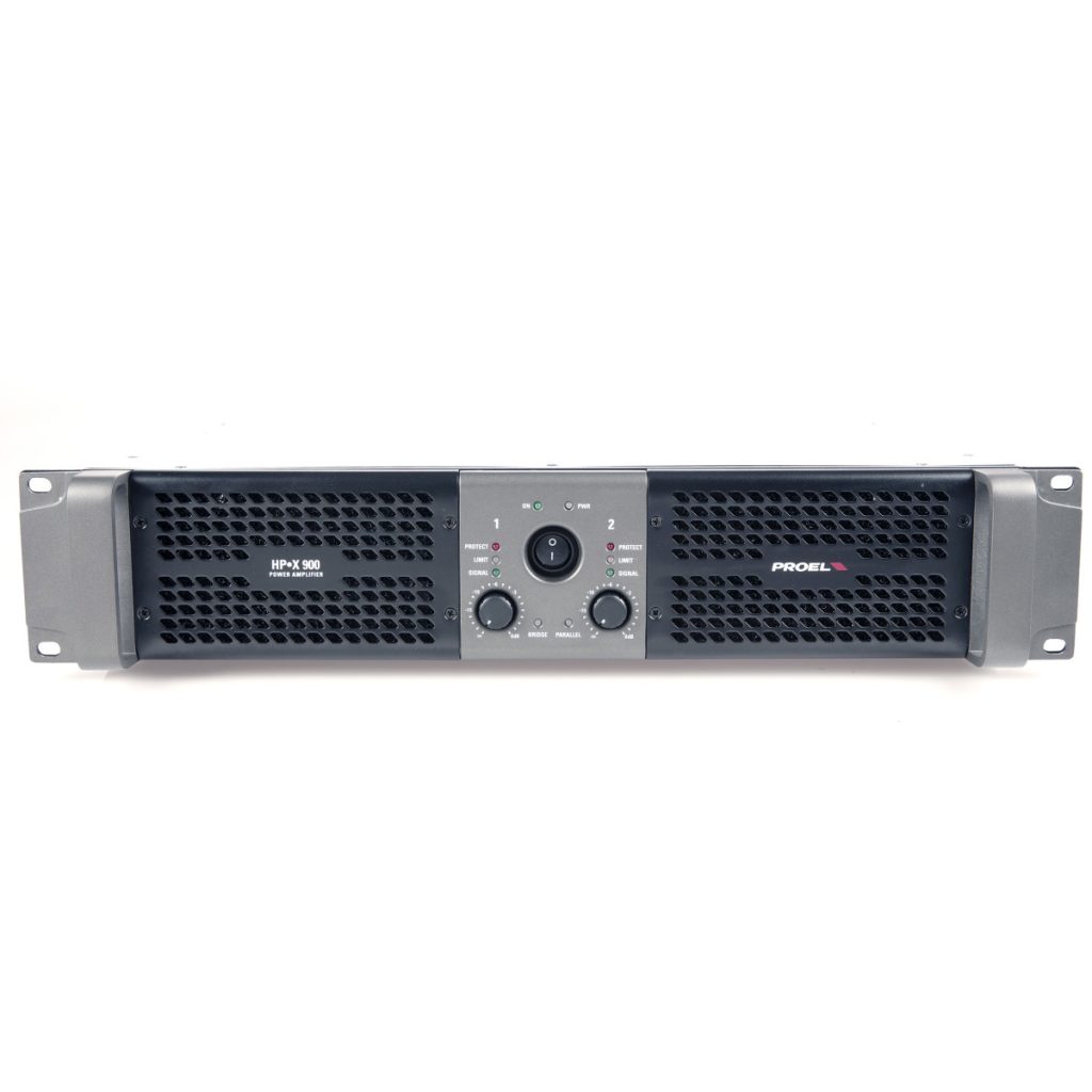 Stereo power amplifier 2 x 450 W at 2 ohm with selectable LPN filter ...
